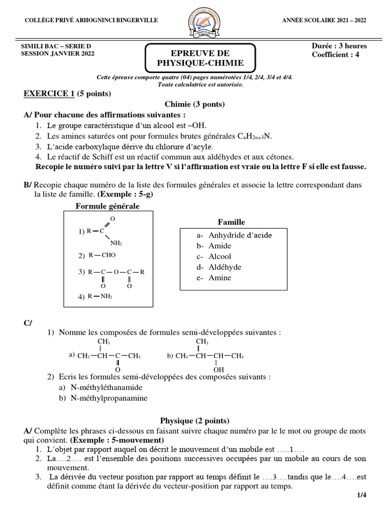 SIMILI BAC D Prepa Bac 2024 PC ARHOGNINCI BINGERVILLE | PDF | Champ électrique | Chimie