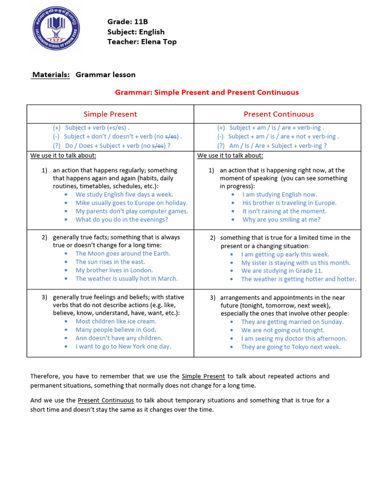 CSPP Grade 11 Grammar Simple Present and Present Continuous | PDF ...