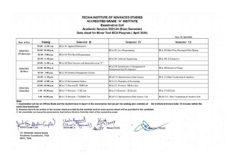 BCA Date Sheet | PDF