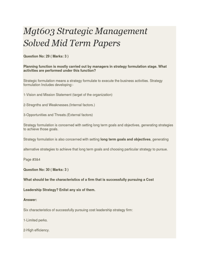 Mgt603 Strategic Management Solved Mid Term | PDF | Mergers And Acquisitions | Strategic Management