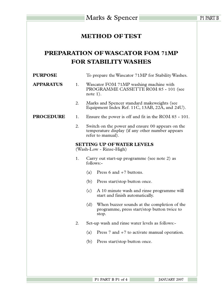 P1-Part-B-Preparation of Wascator Fom 71 MP For Stability Washes | PDF ...