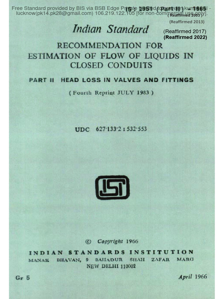 2951 - 2 - 1965 - Head Loss in Valves and Fittings | PDF | Mechanics | Liquids