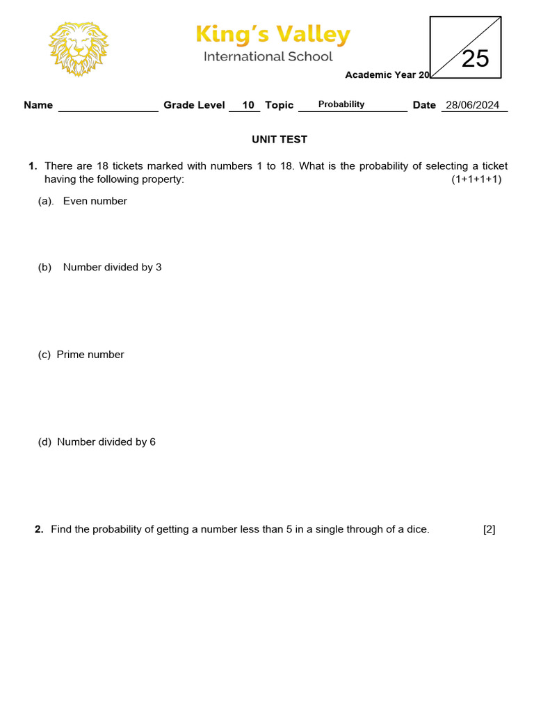 Probability Unit Test for Grade 10 | PDF | Probability | Mathematics