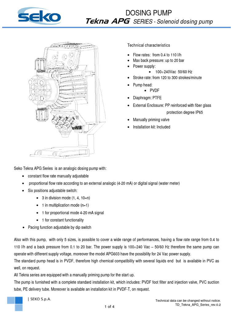 Technical Data - Tekna - APG - Rev.2 | PDF | Pump | Power Supply