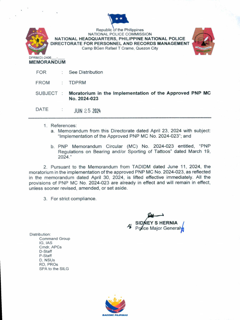 Moratorium in The Implementation of The Approved PNP MC No. 2024-023 (With Memo From Didm) | PDF