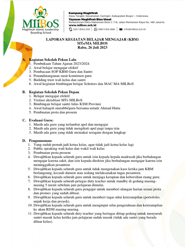 Laporan Rapat KBM 27 Juli 2023 | PDF