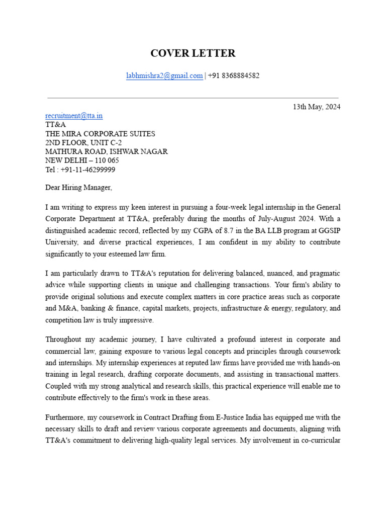 Legal Internship Cover Letter | PDF | Internship | Job Hunting