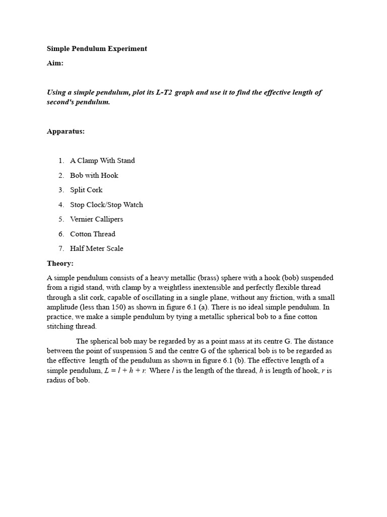 Simple Pendulum Experiment PDF Pendulum Applied And