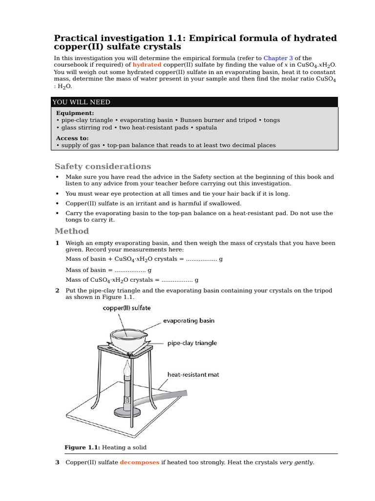 1.1 Empirical Formula of Hydrated Copper (II) Sulfate Crystals | PDF ...