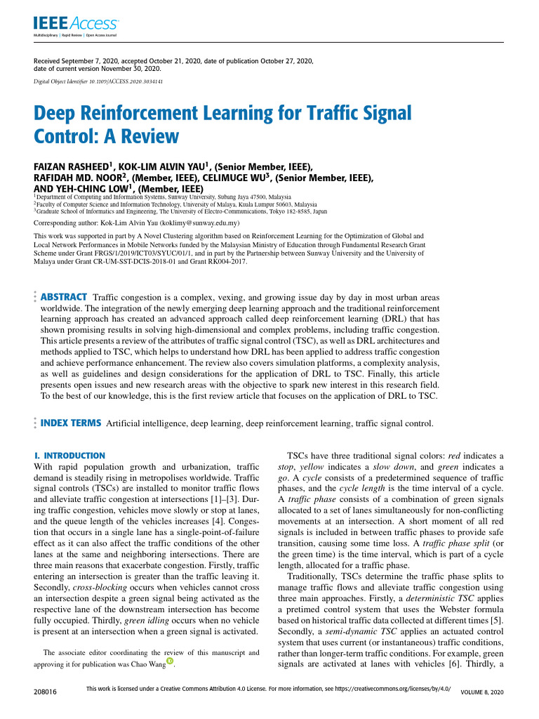 Deep Reinforcement Learning For Traffic Signal Control A Review 2020 Pdf Traffic