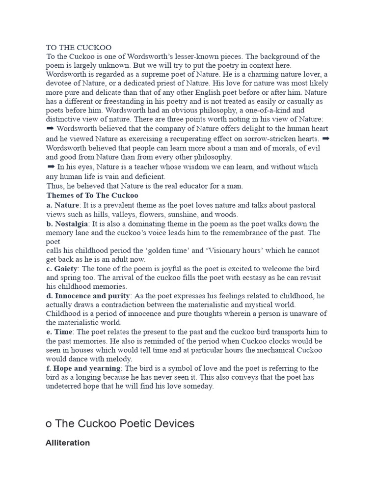 To The Cuckoo | PDF | Poetry | William Wordsworth