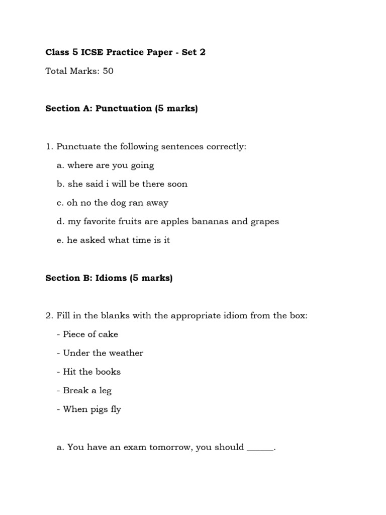 Class 5 ICSE Practice Paper - Set 2 | PDF | Plural | Noun