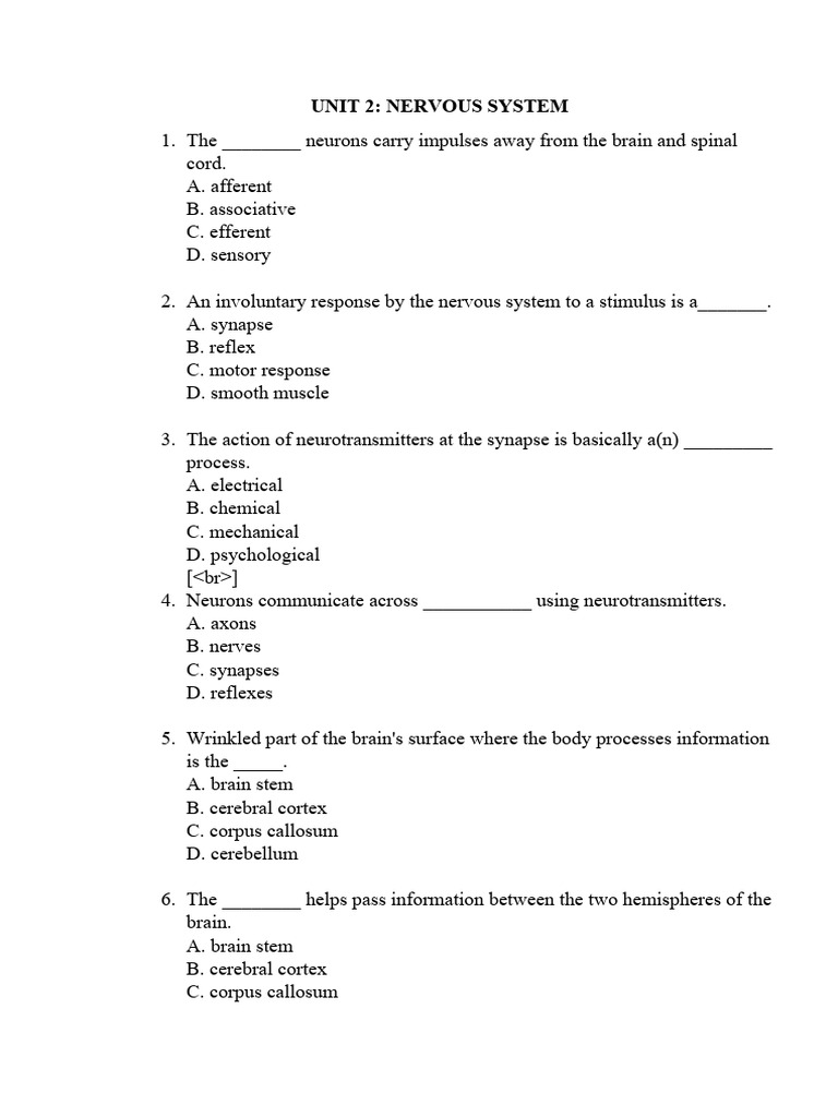 Nervous System Quiz Questions and Answers | PDF | Brain | Brainstem