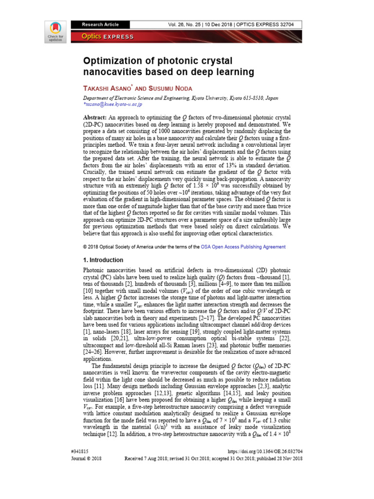 T. Asano and S. Noda, Optimization of Photonic Crystal Nanocavities Based On Deep Learning | PDF ...