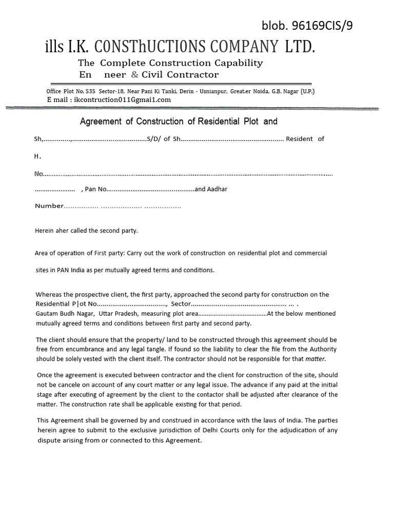 Construction Agreement for Residential Plot | PDF | Concrete | Wall