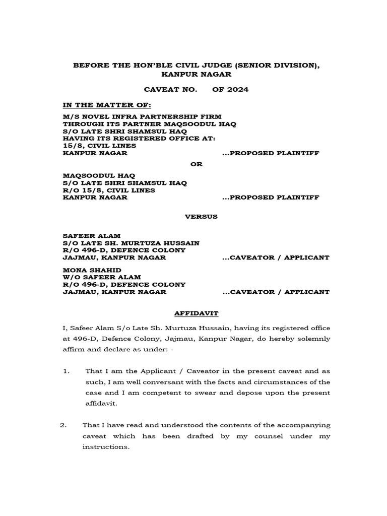 Affidavits - Caveat - Safeer Alam | PDF | Affidavit | Legal Procedure