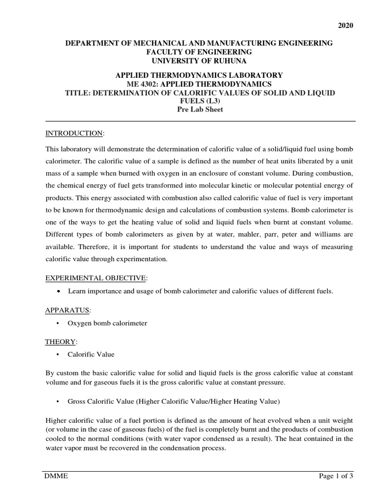 L3 - Determination of Calorific Values of Solid and Liquid Fuels - Pre Lab | PDF | Combustion ...