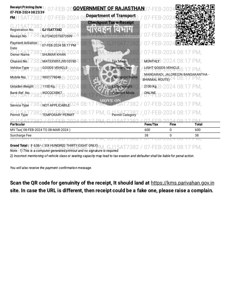 Rajasthan Checkpost Tax e-Receipt | PDF | Fee | Payments