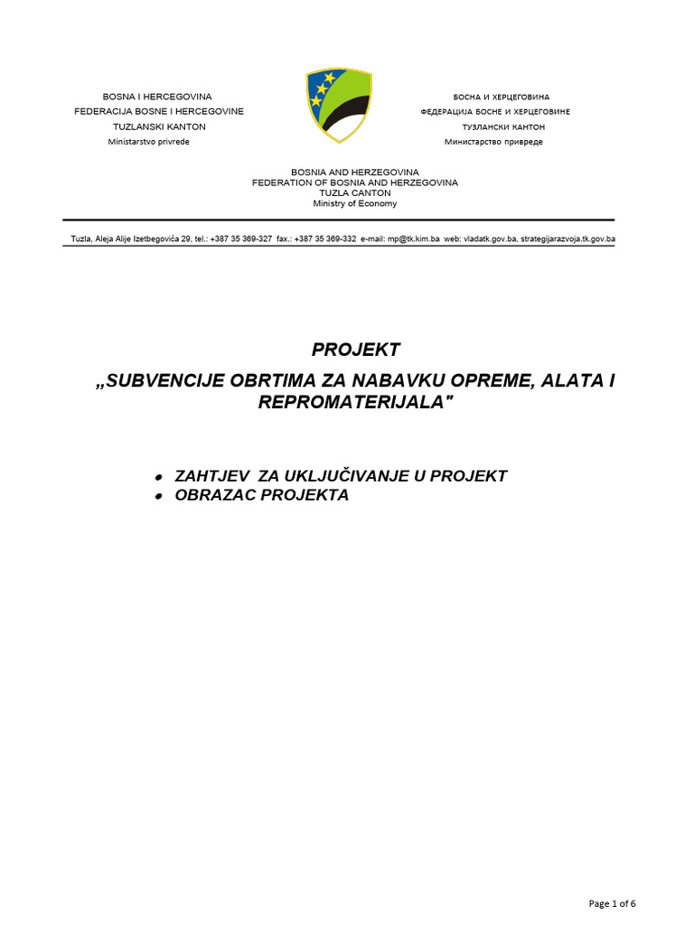 ZAHTJEV Subvencije Obrtima Za Nabavku Opreme Alata I Repromaterijala 2022 | PDF