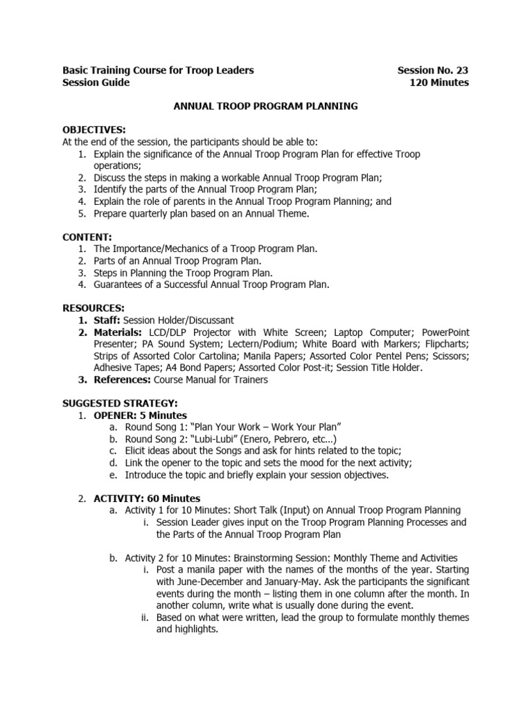 SG 23 Annual Troop Program Planning | PDF | Scouting | Survival Skills