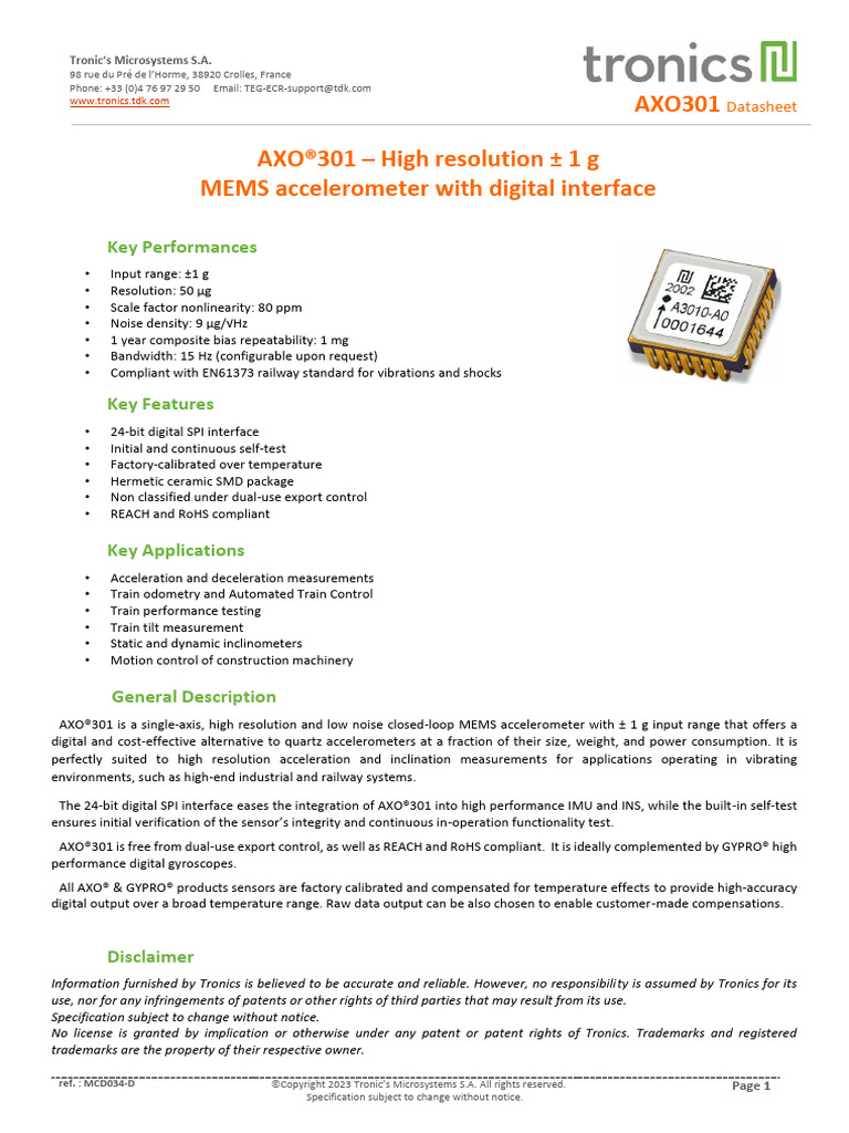 AXO®301 High Resolution MEMS Accelerometer - DATASHEET | PDF ...