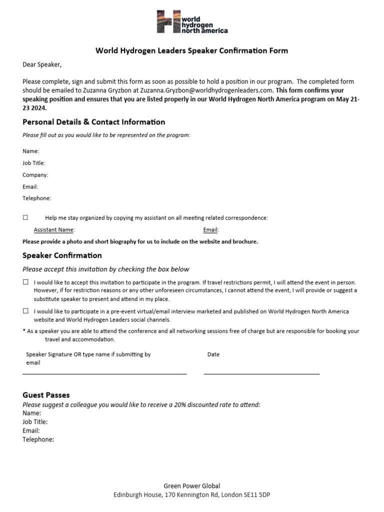 World Hydrogen North America 2024 - Speaker Confirmation Form | PDF ...
