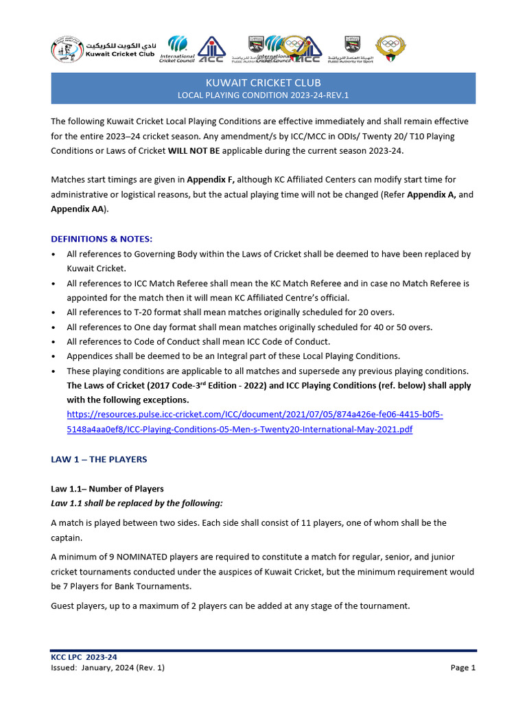 KCC LPC 2023-24-Revision 1 Jan. 2024 | PDF | Bowling (Cricket) | Cricket