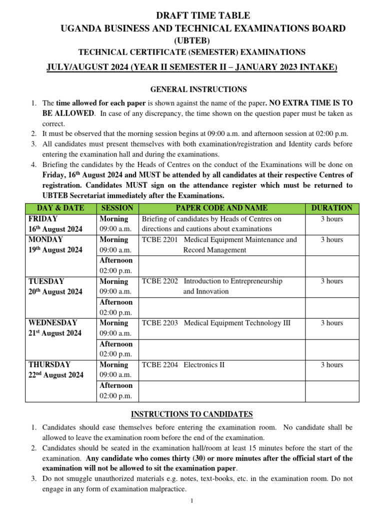Technical Certificate (Semester) Time Table - July-August 2024 - Draft ...
