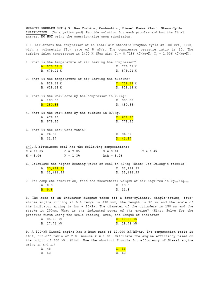 ProbSet 7 Gas Turbine Combustion Diesel Power Plant Steam Cycleans | PDF | Internal Combustion ...