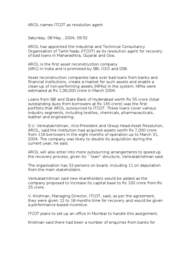 ARCIL Names ITCOT As Resolution Agent | PDF | Marketing Research | Securities (Finance)
