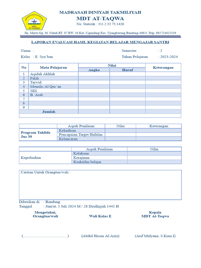 Contoh Raport Madrasah Diniyah | PDF