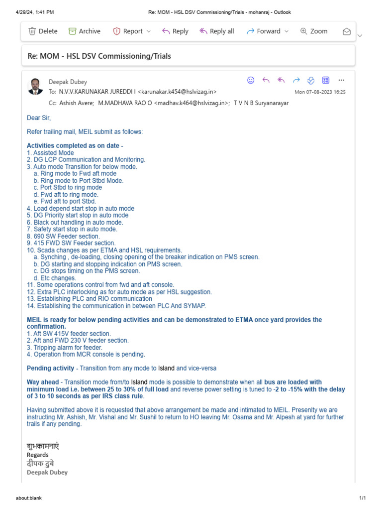 Re: MOM - HSL DSV Commissioning/Trials: Delete Archive Reply Reply All Forward Zoom | PDF ...