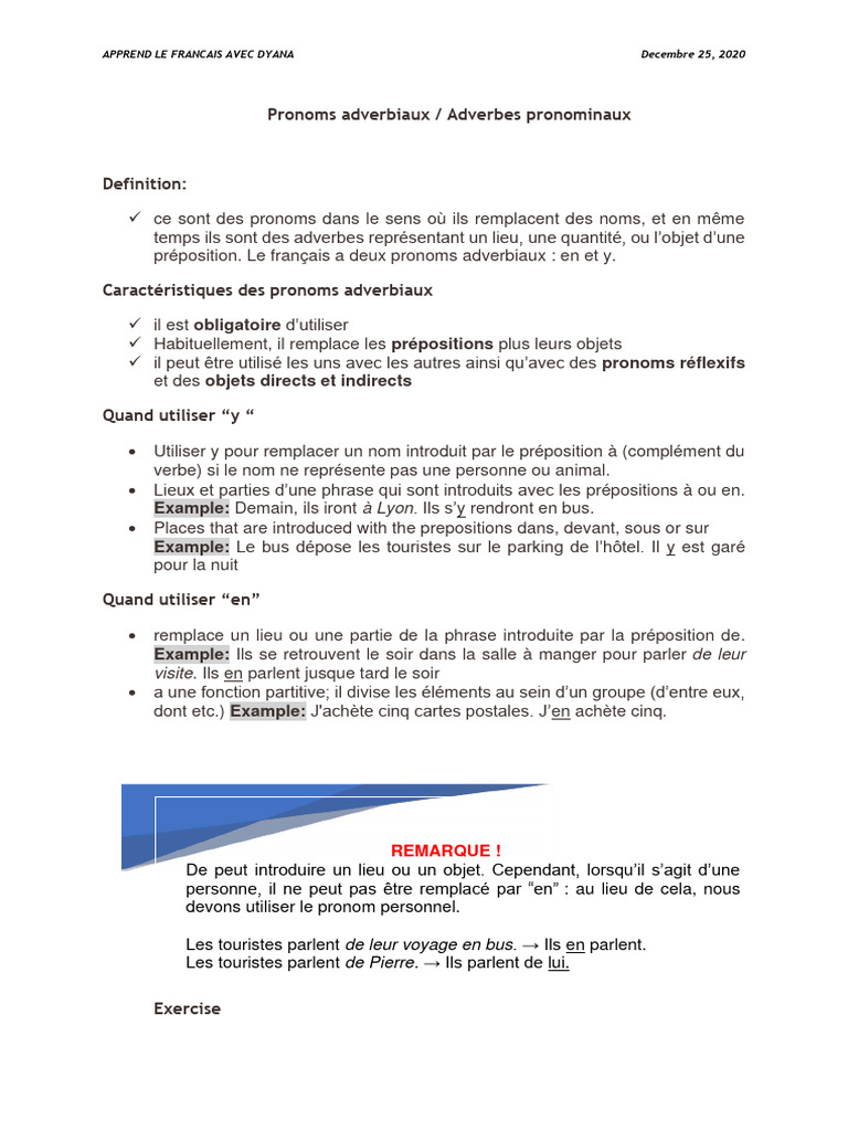 Pronoms Adverbiaux en Français | PDF | Pronom | Adposition