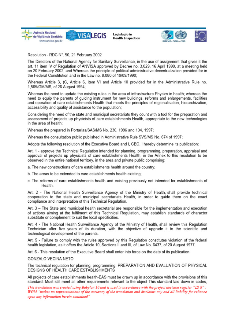 RDC #50 de 21 de Fevereiro de 2002 - Babylon | PDF | Telephone | Ventilation (Architecture)