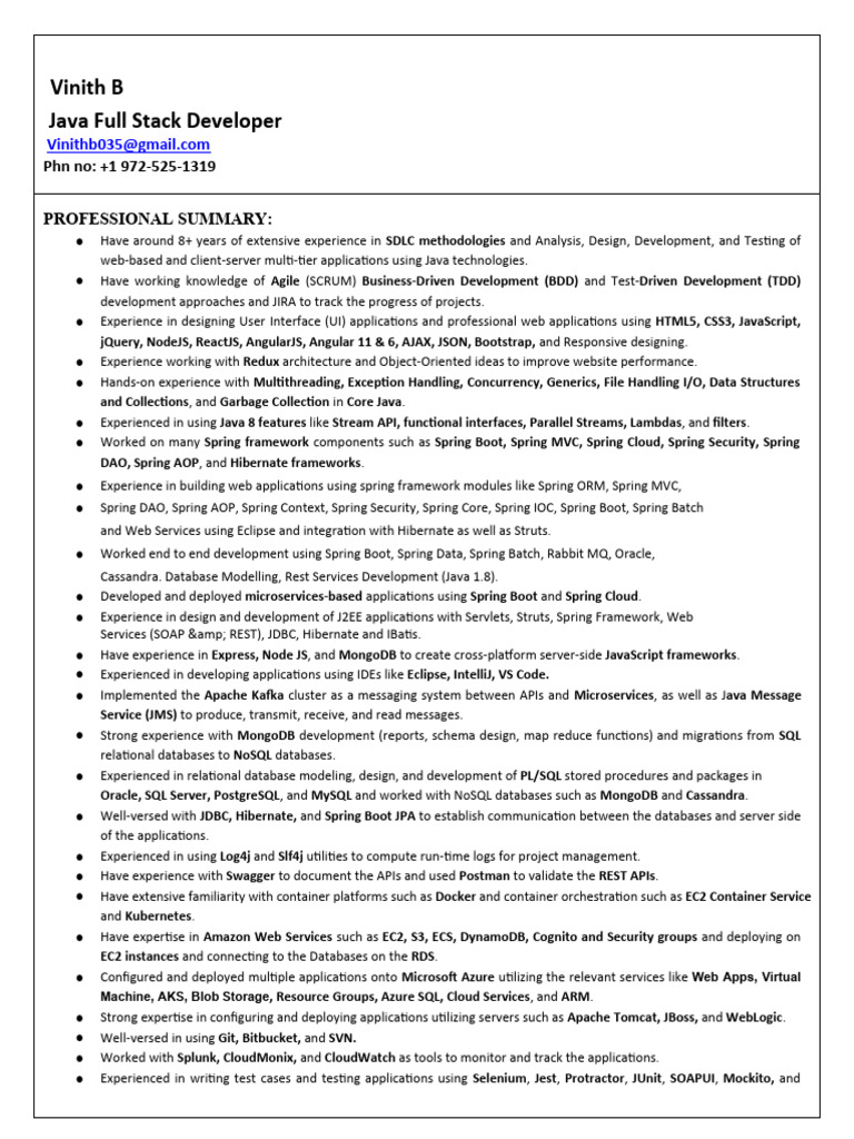 Vinith JavaResume | PDF | Spring Framework | Databases