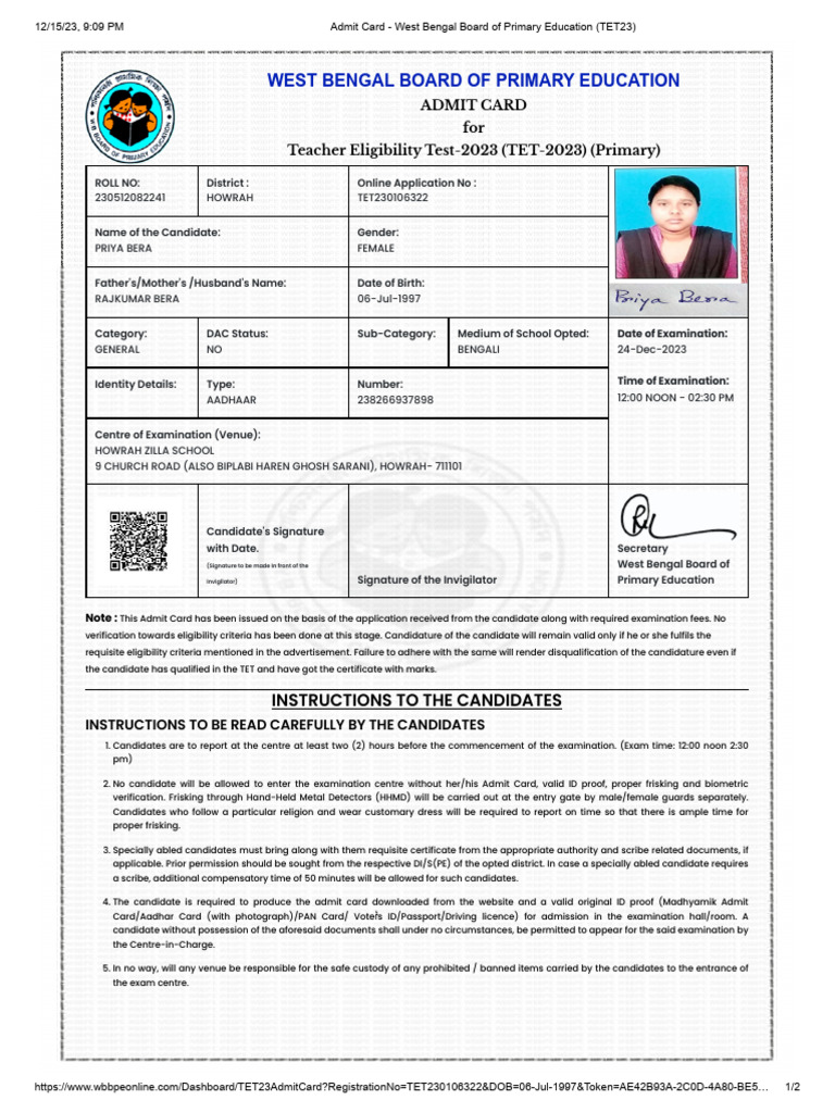 Admit Card - West Bengal Board of Primary Education (TET23) | PDF