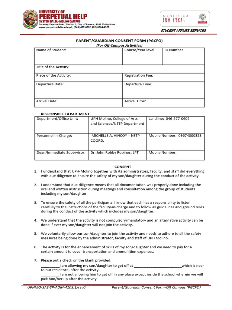 Off-Campus Activity Consent Form | PDF