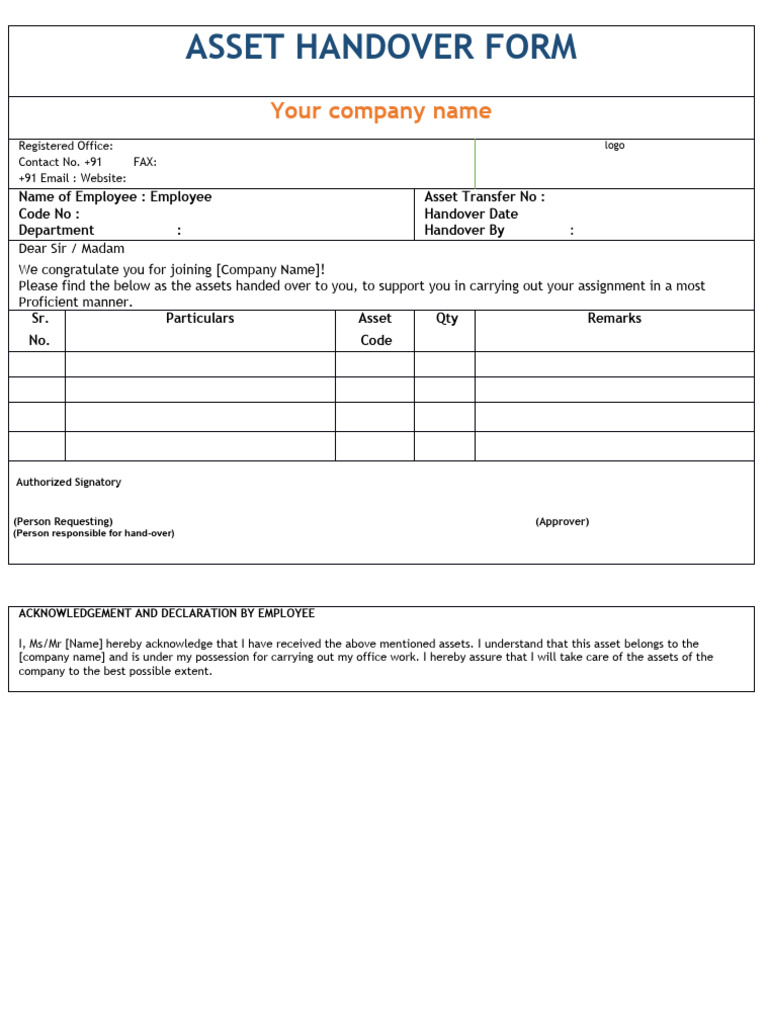 Asset Handover Form Template | PDF