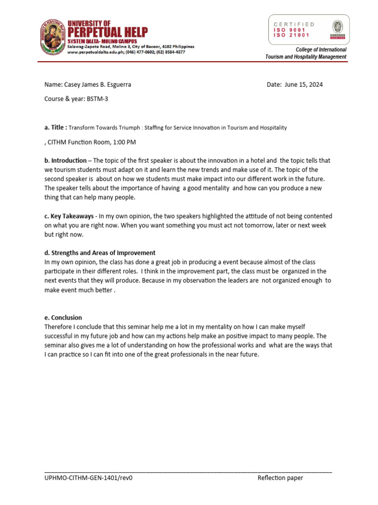 Reflection Paper For The Seminar | PDF