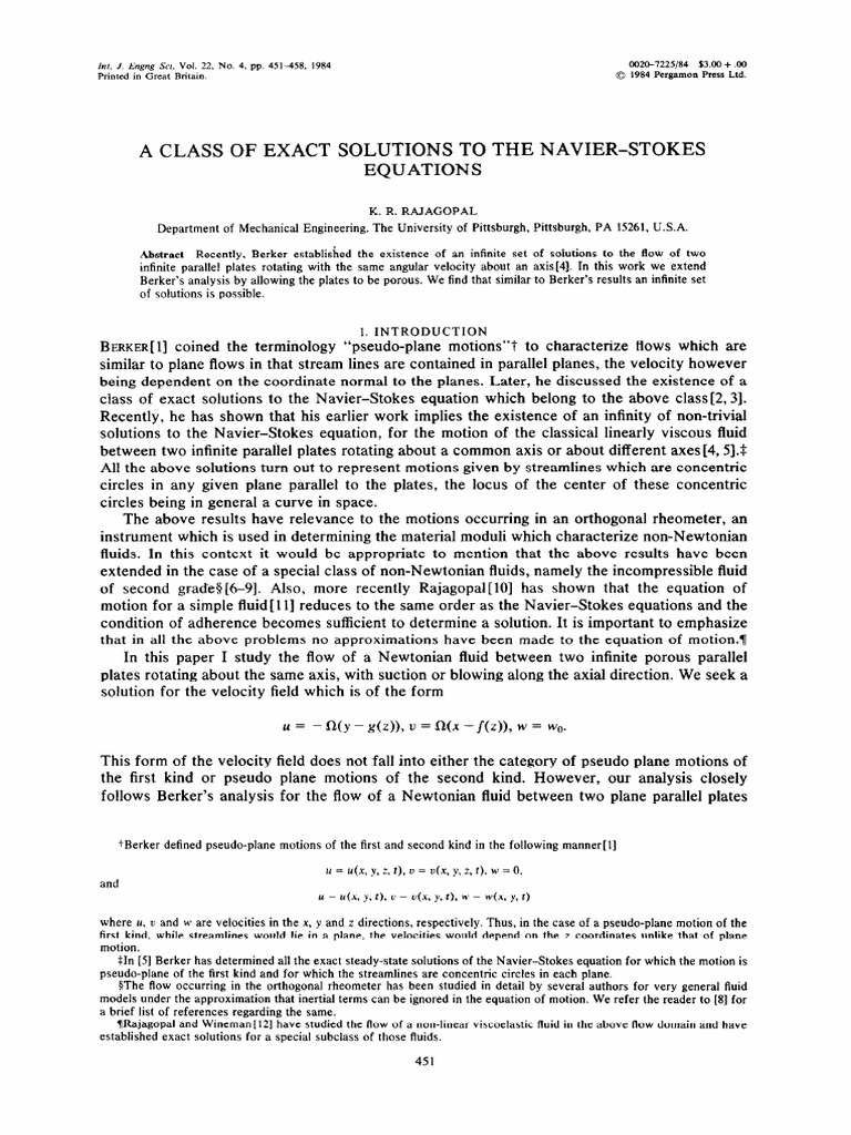 Exact Navier-Stokes Solutions | PDF | Navier–Stokes Equations | Fluid ...