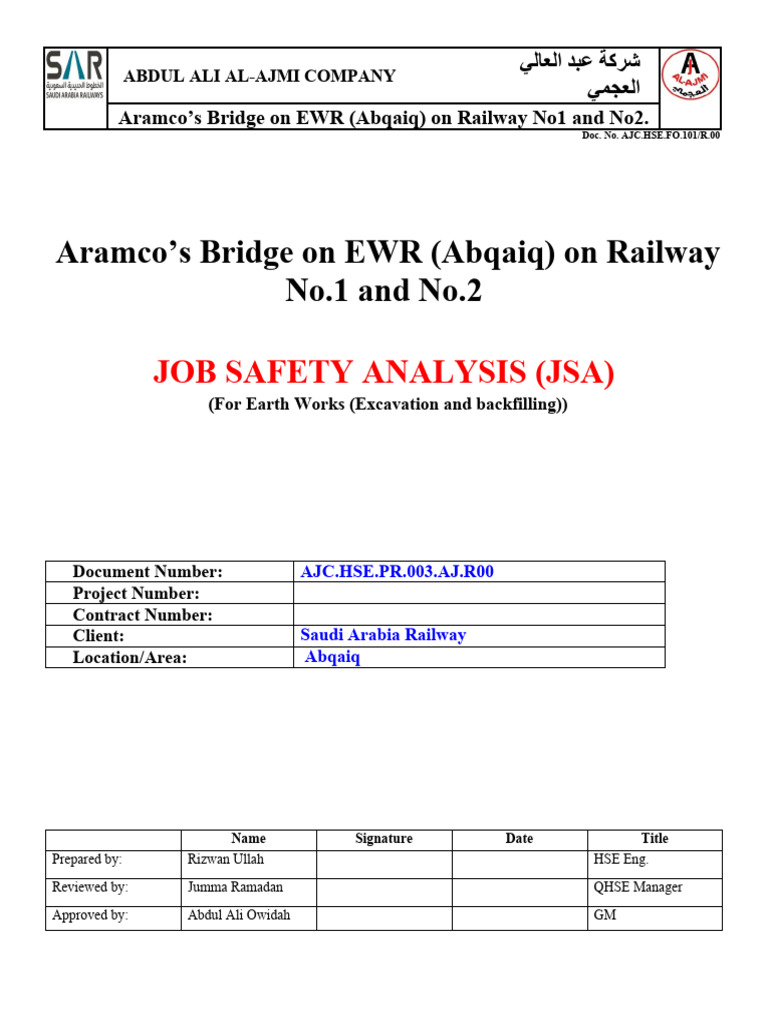 SAR - JSA For Excavtion and Backfilling | PDF | Personal Protective Equipment | Safety