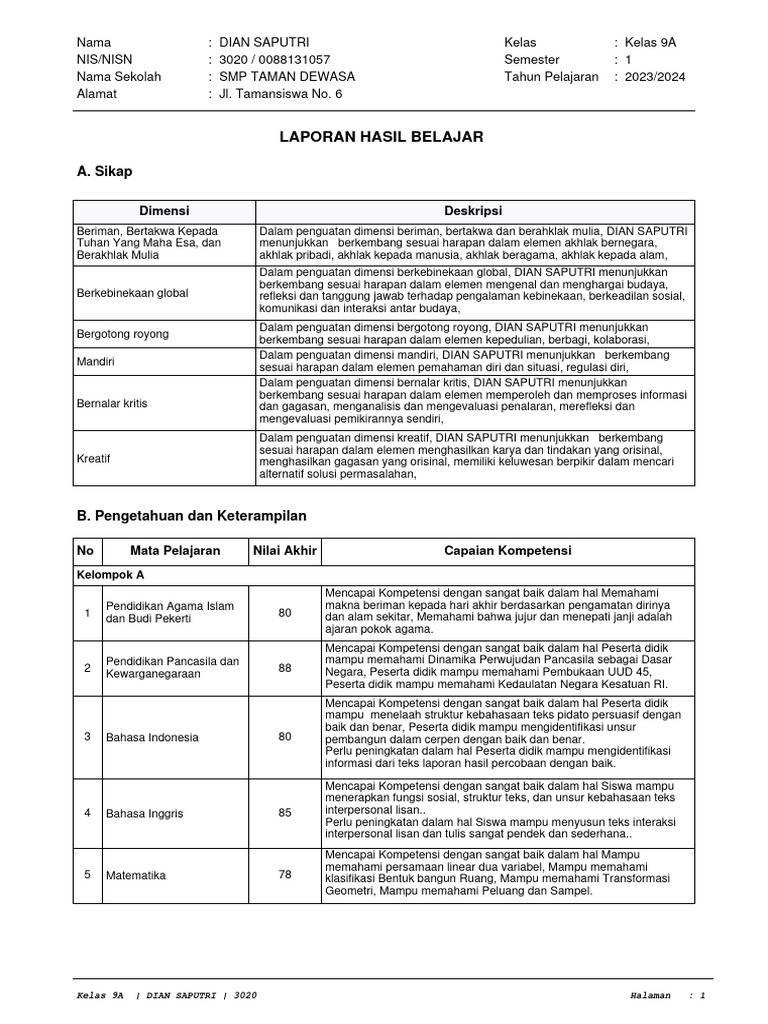 Rapor - Siswa - Dian Saputri | PDF | Karier & Perkembangan | Kesehatan Holistik