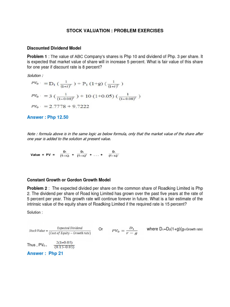 Stock Valuation - Problem Exercises | PDF | Dividend | Stocks
