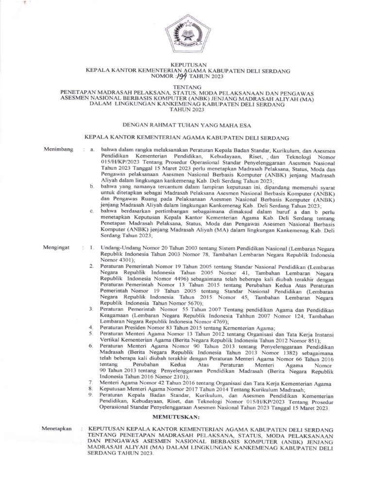 SK Pengawas ANBK 2023 | PDF