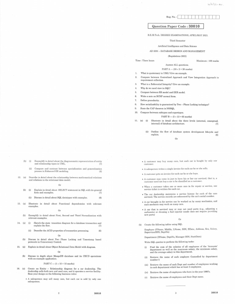 AD3391 - Database Design and Management - R2021 - 2023 April | PDF