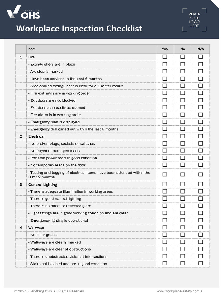 Workplace Inspection Checklist | PDF | Lighting | Safety