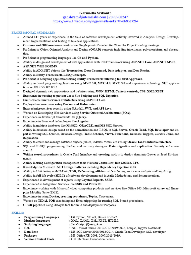 Garimella Srikanth Resume | PDF | Microsoft Sql Server | World Wide Web