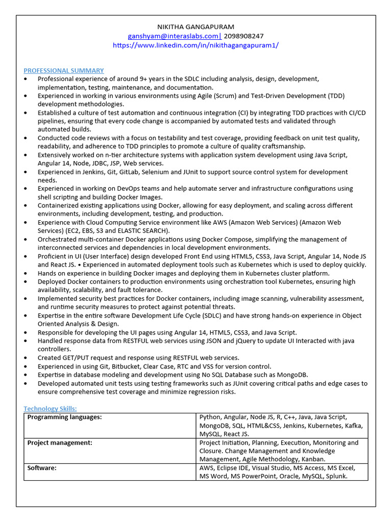 Nikitha Gangapuram Resume Pdf Software Development Process Spring