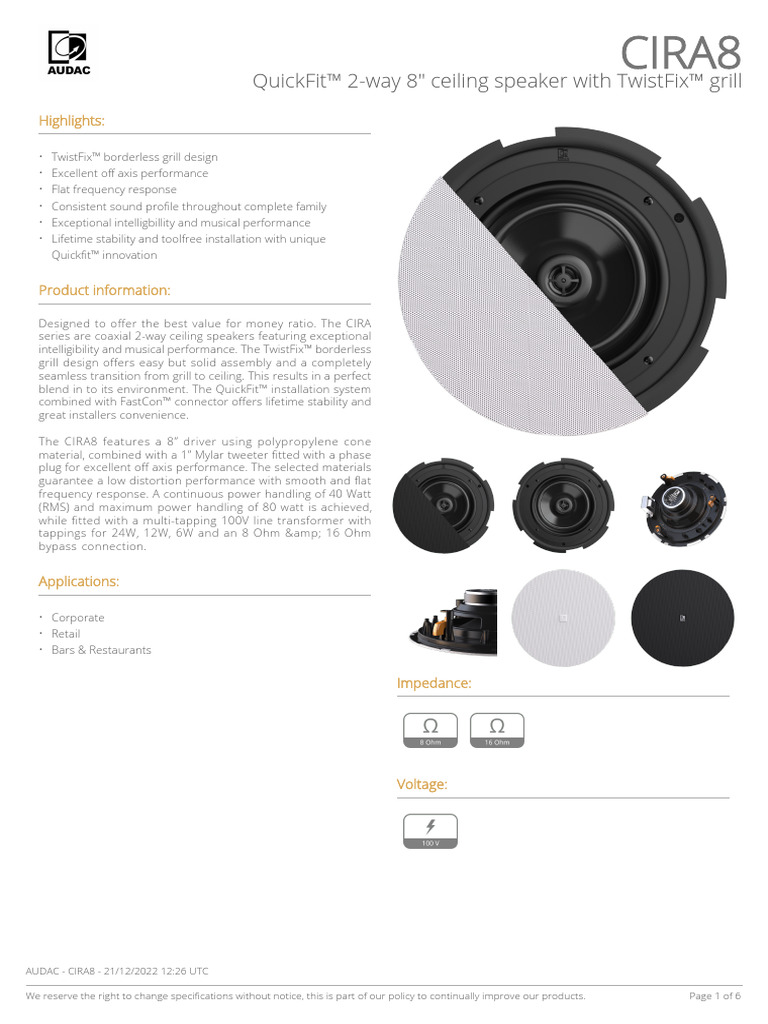 Audac - Cira8 | PDF | Loudspeaker | Audio Engineering