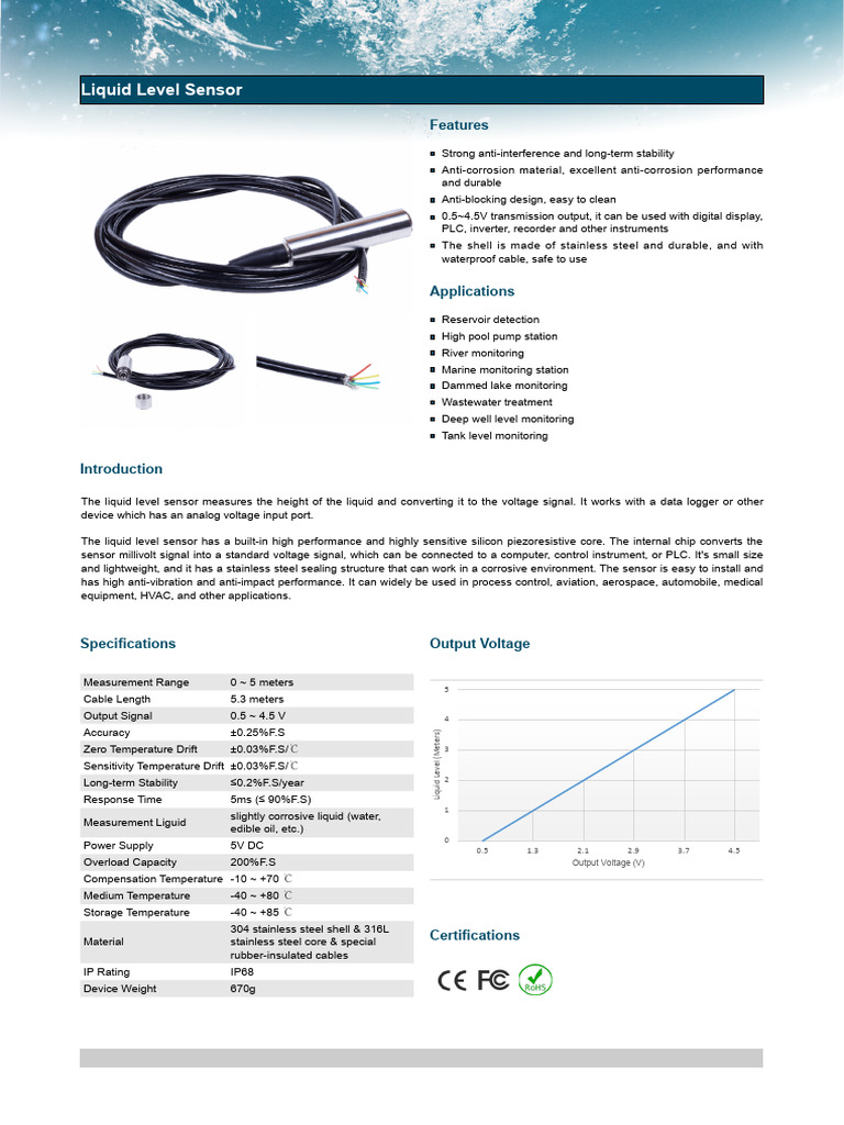 Liquid Level Sensor-Datasheet | PDF | Sensor | Equipment